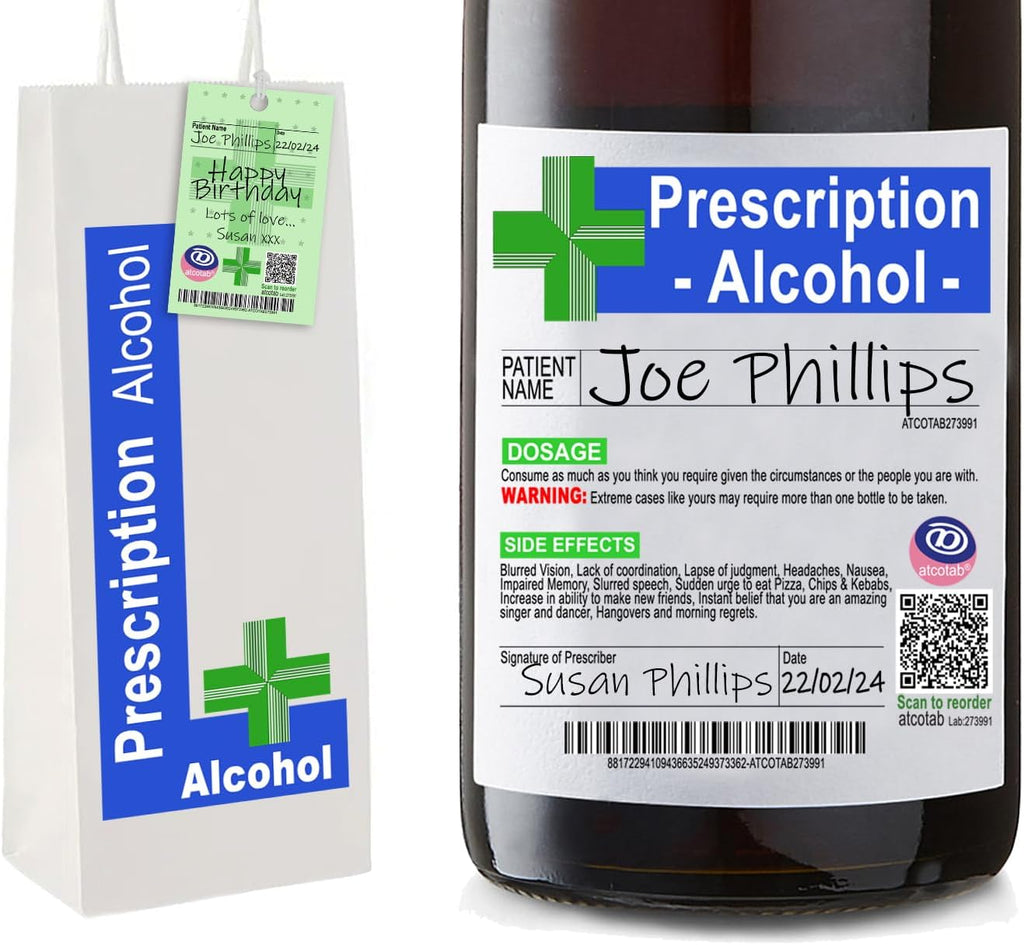 Joke Prescription Alcohol Wine Label - Bottle Gift Bag & Gift Tag - Wi ...